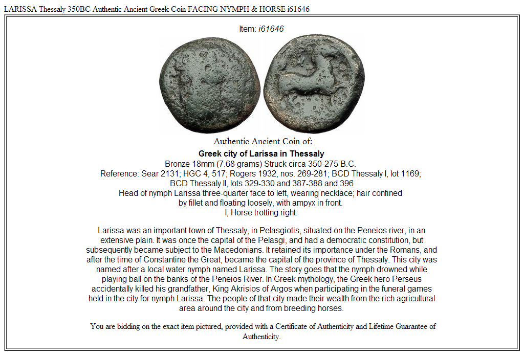 LARISSA Thessaly 350BC Authentic Ancient Greek Coin FACING NYMPH ...