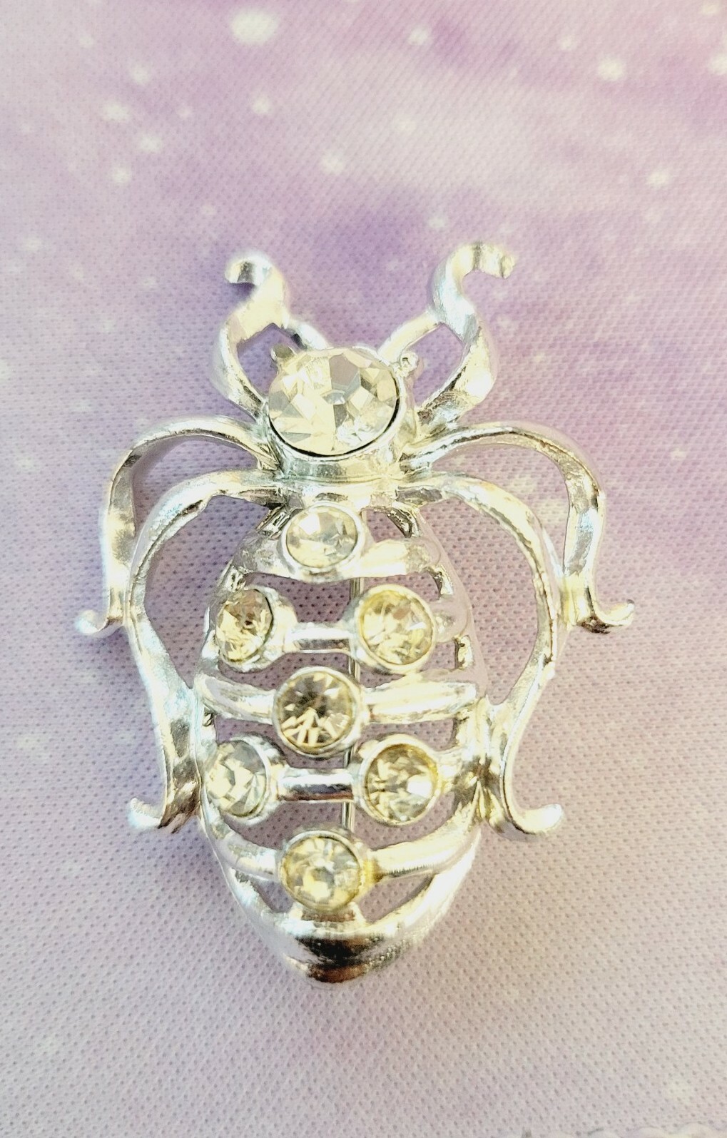 Silver Toned Rhinestone Beetle Brooch Pin - Gem