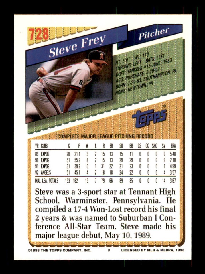 1993 Baseball Topps Steve Frey California Angels #728 | eBay