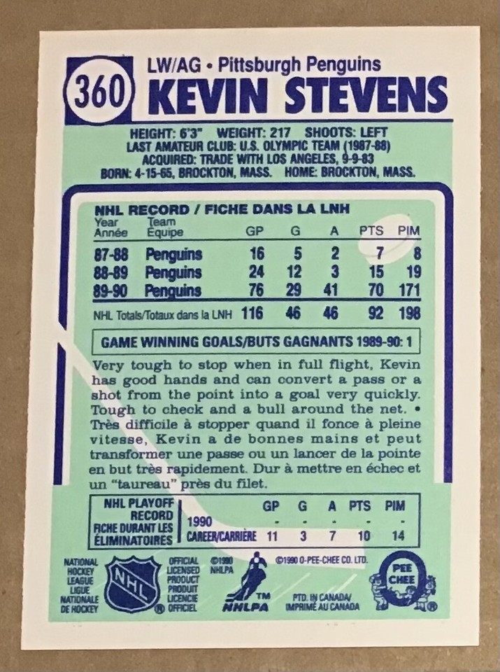 1990-91 KEVIN STEVENS O-PEE-CHEE ROOKIE CARD #360 PITTSBURGH PENGUINS ...