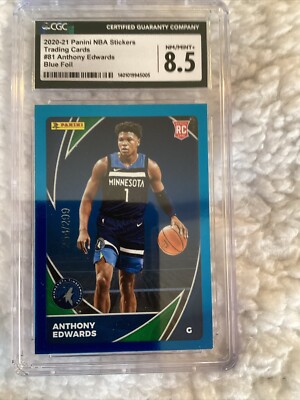 ANTHONY EDWARDS 2020 NBA Stickers Blue Foil Rookie #5 CSG 8.5 NM/Mint+ ...