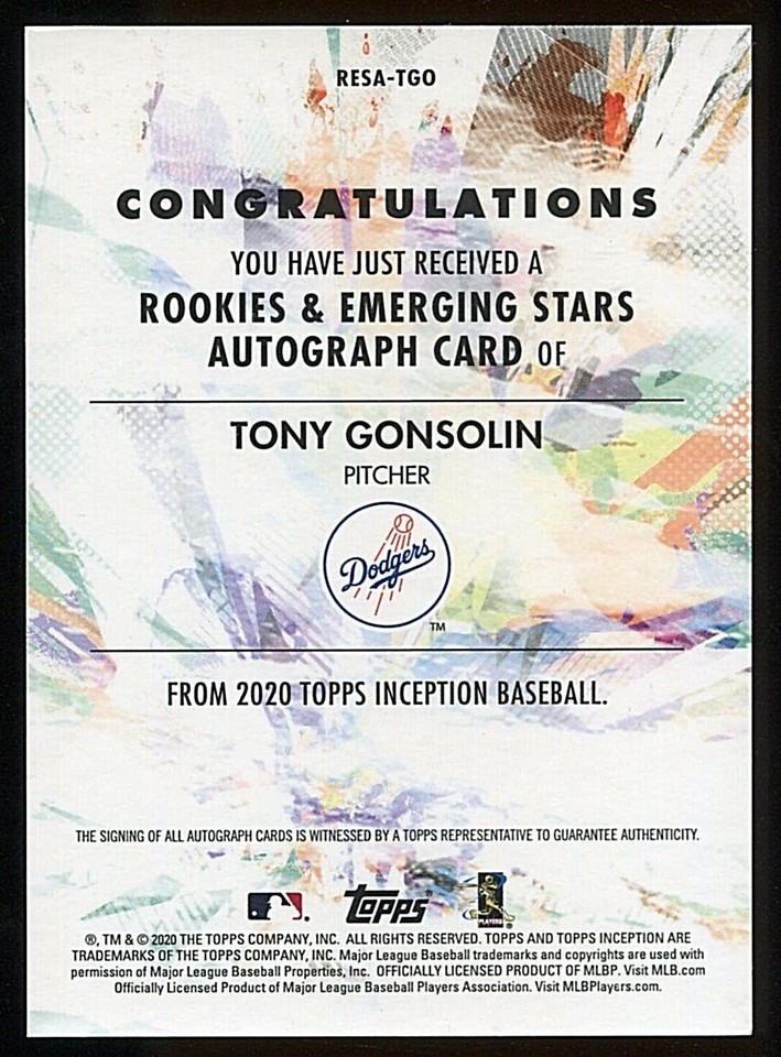 Tony Gonsolin 2020 Topps Inception /245 Auto Autograph RC Rookie Card ...