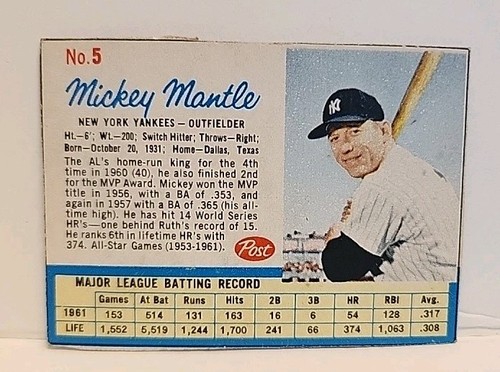 1962 Post Cereal #5 Mickey Mantle Hand Cut Card Nice EX | eBay