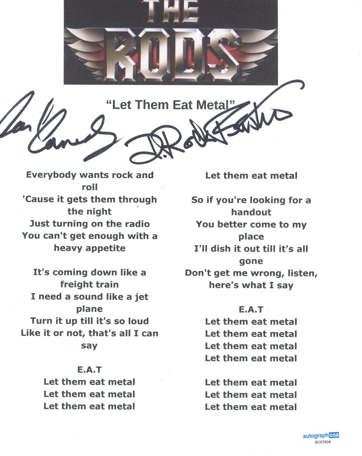THE RODS SIGNED AUTOGRAPH LYRIC SHEET ACOA FEINSTEIN CANEDY PHOTO | eBay