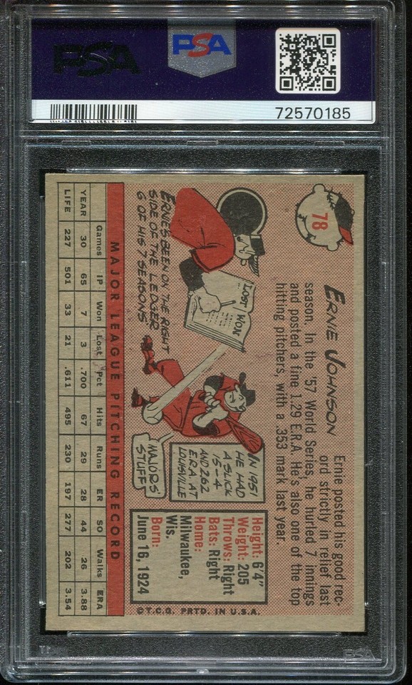 1958 Topps Baseball # 78 Ernie Johnson "Under-Graded" PSA 6 +++ | eBay