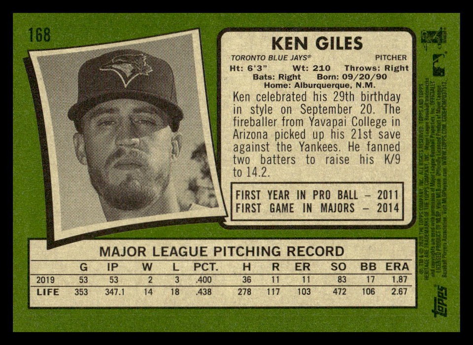 2020 Topps Heritage #168 Ken Giles Toronto Blue Jays | eBay