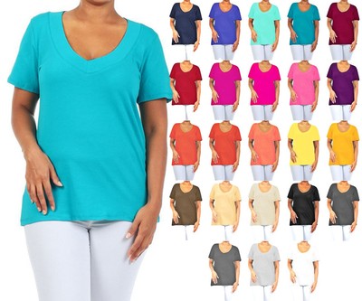 Basic Jersey Cotton Wide V-Neck Short Sleeve Casual TEE SHIRT Junior ...