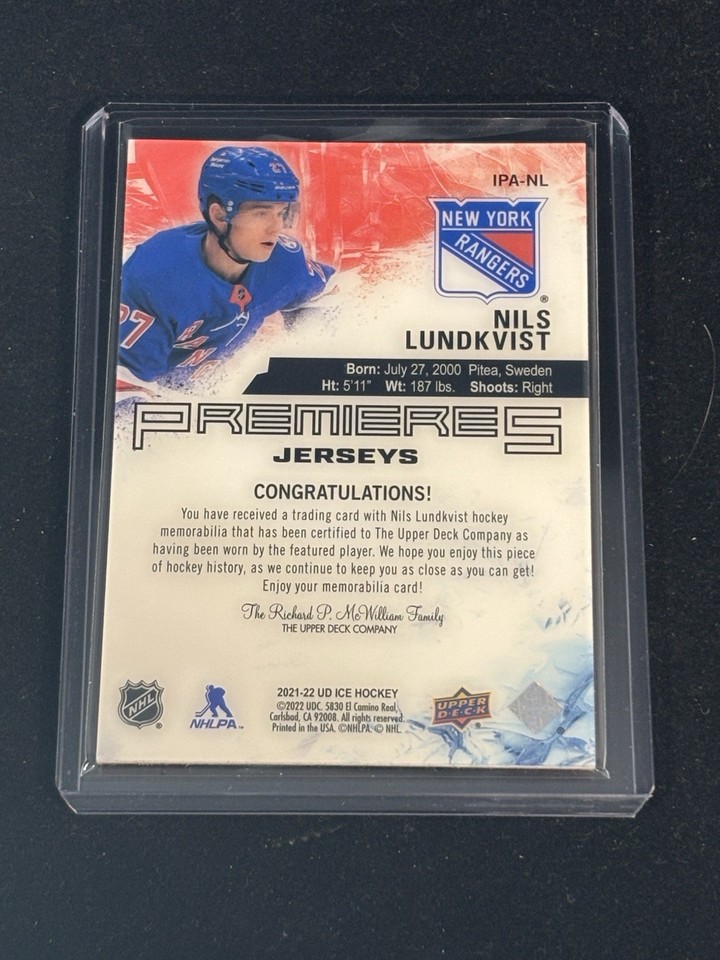 2021-22 Upper Deck Ice Premiers Jersey Nils Lundkvist #IPA-NL Rangers ...