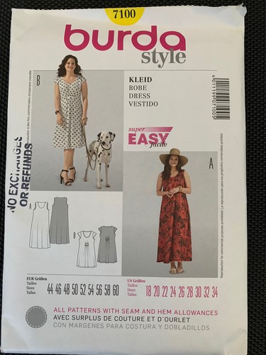 Burda Style 7100 Dress Sundress Midi Maxi Shift Easy 18 20 22 24 26 28 ...