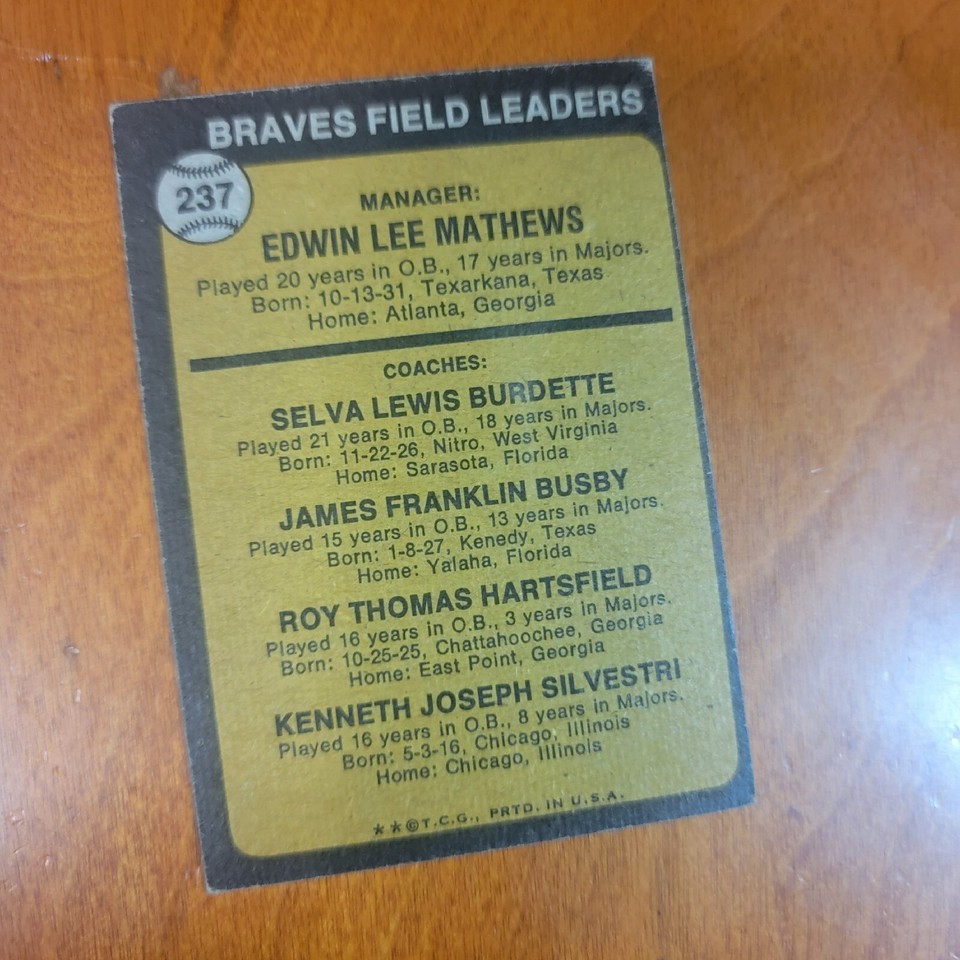 1973 Topps Eddie Mathews/Lew Burdette/Jim Busby/Roy Hartsfield/Ken ...