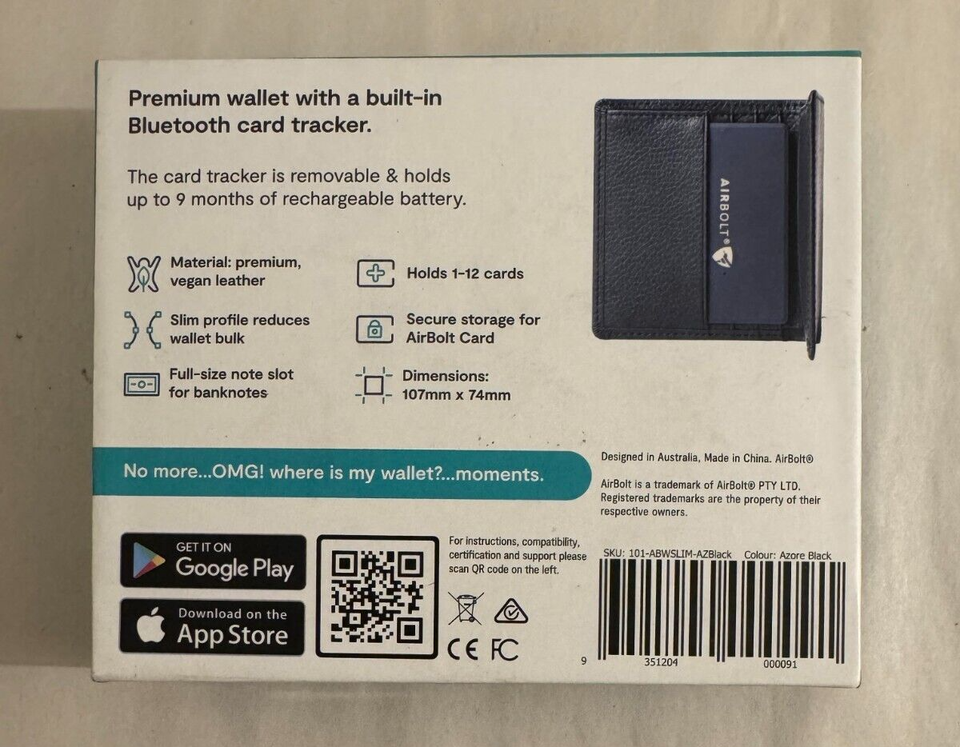 AIRBOLT Wallet Vegan Leather Bluetooth Card Tracker Slim Azore Black ...