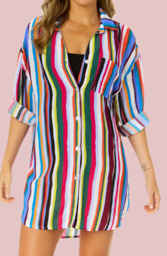 Anne Cole Women's Easy Breezy Stripe Button Down Shirt Swim Cover up ...