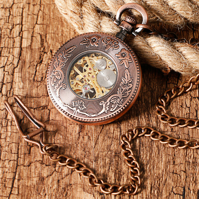 Mens Vintage Mechanical Pocket Watch Hand-Wind Red Copper Fob Watches ...