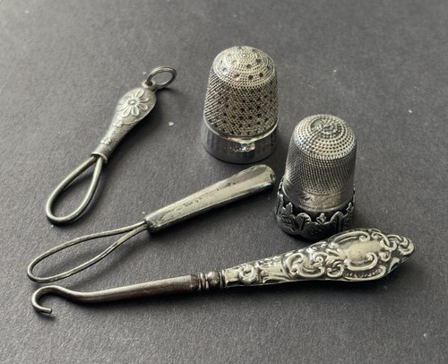 Antique Sewing Accessories Silver Thimbles Button Hook Ribbon Threader ...