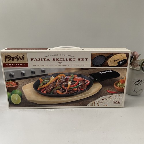 Parini Seasoned Cast Iron Fajita Skillet Set New Sealed Wooden Trivet ...