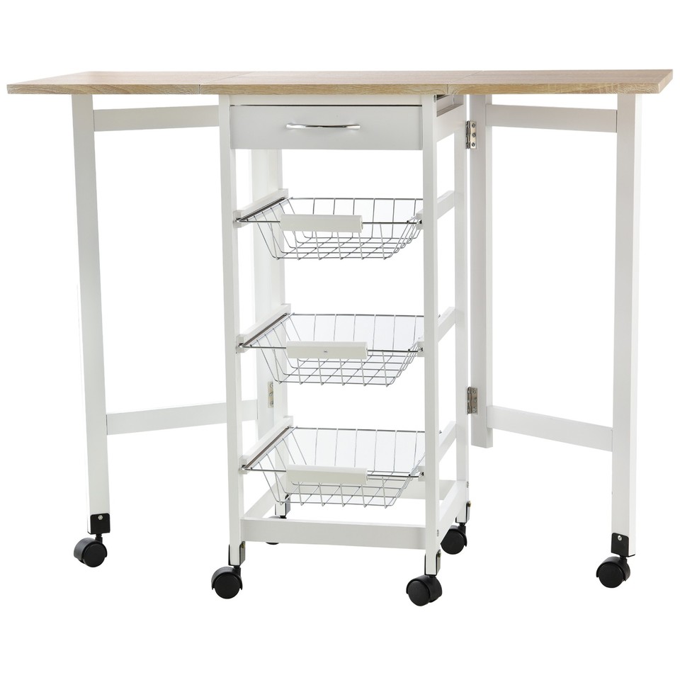 Drop-Leaf Kitchen Trolley w/ 3 Baskets Drawer Surface Top 6 Wheels ...