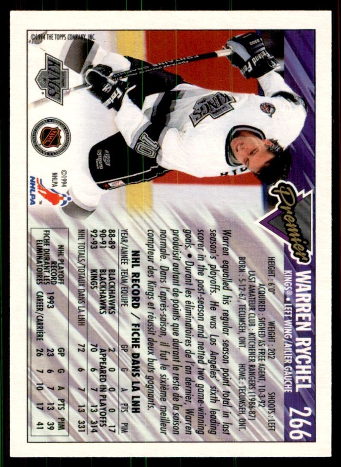 1993-94 Topps Premier Warren Rychel . Los Angeles Kings #266 | eBay