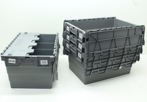 Used 5x Heavy Duty Plastic Storage Box Boxes With Folding Attached Lids ...