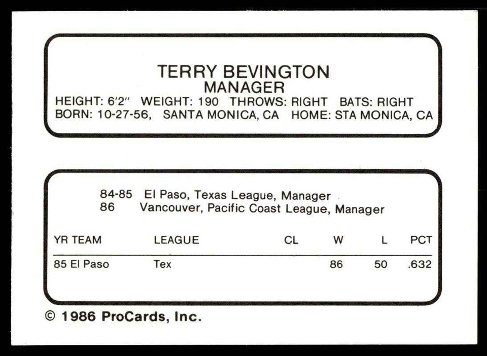 1986 ProCards Vancouver Canadians Terry Bevington Vancouver Canadians ...