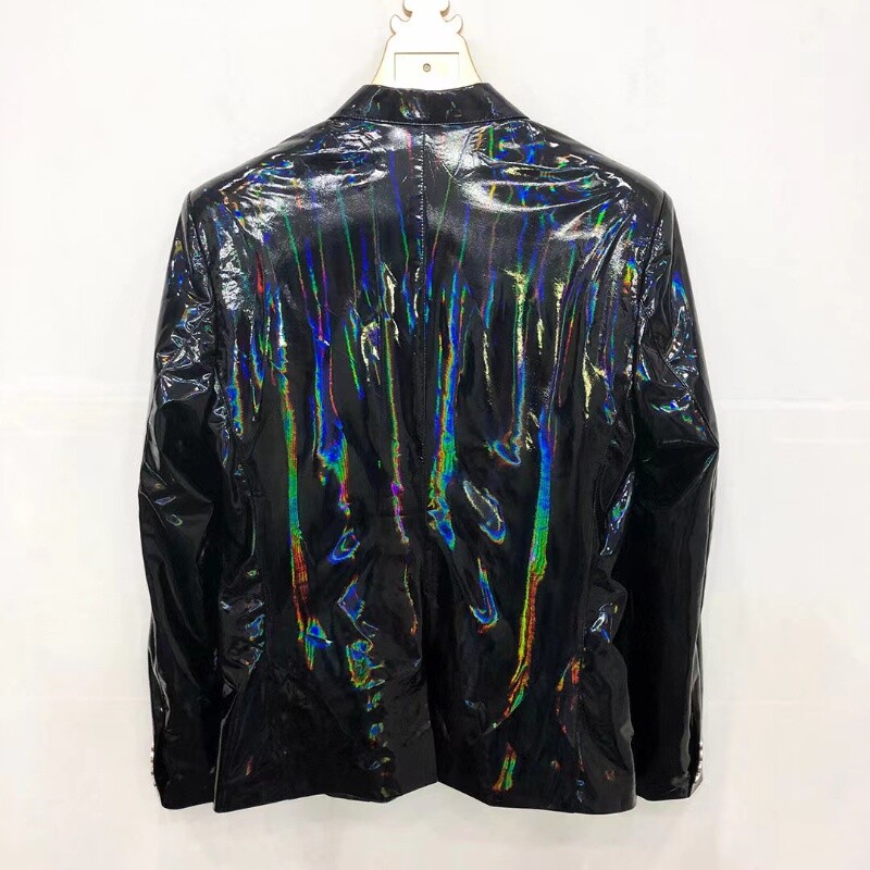 Men Blazer Jacket Coat Laser Holographic Shiny Tops Faux Leather Stage ...