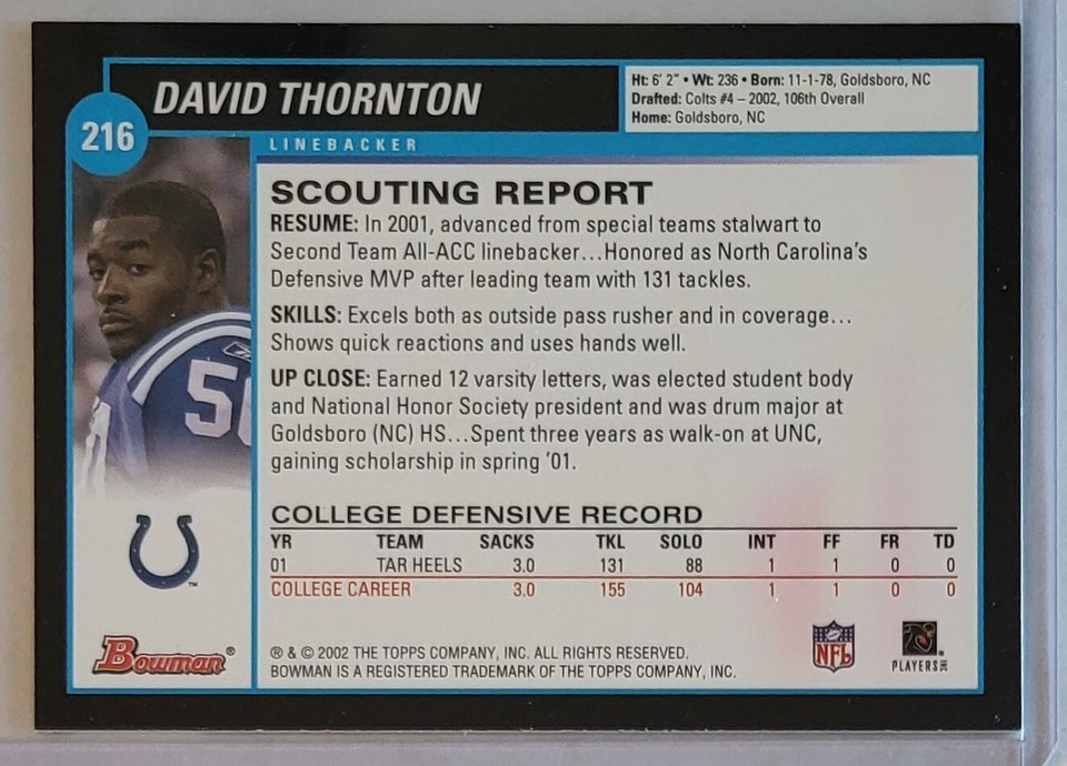 2002 Bowman Rookie Blue #216 David Thornton Indianapolis Colts Football ...