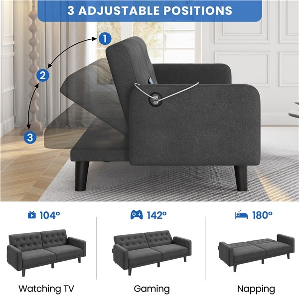 63in Convertible Futon Sofa Bed w/ USB Ports for Small Spaces Apartment ...