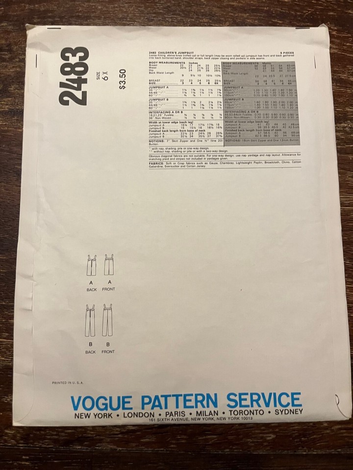 Vogue 2483 UNCUT Sewing Pattern, Children's Jumpsuit, Size 6X | eBay