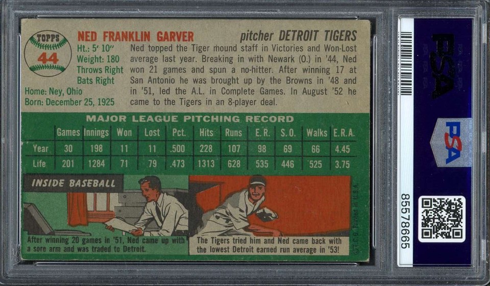 1954 Topps 44g Ned Garver (RARE CANADIAN GRAY BACK) PSA 4 85578665 | eBay