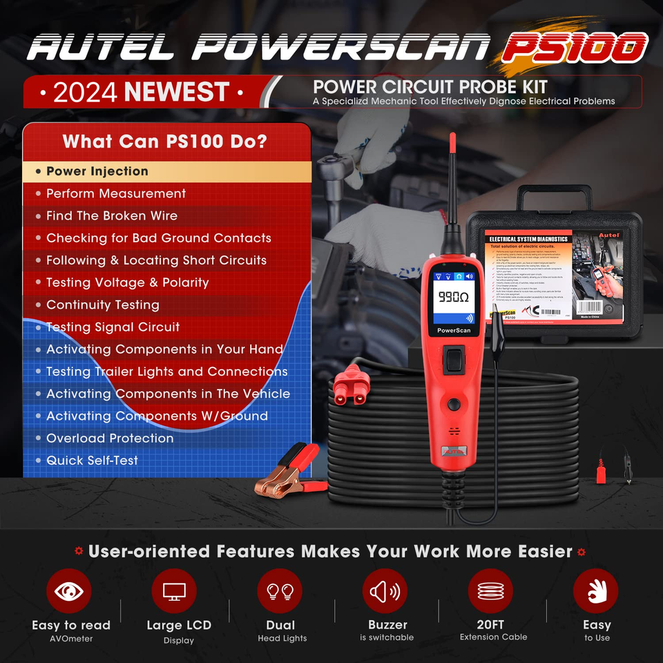 Autel Power Scan PS100 Circuit Tester Electrical Power Probe 12V/24V ...