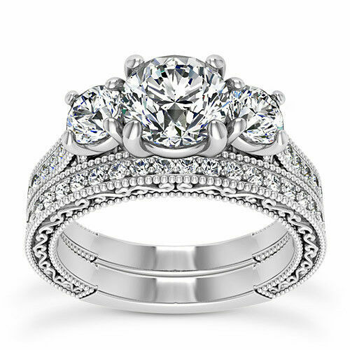 3Ct White Round Stone Three Stone Wedding Bridal Ring Set 925 Sterling ...