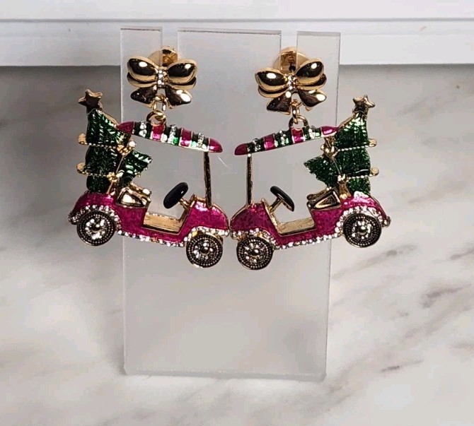 NIB! Piper K Christmas Golf Cart Earrings Sparkling Glass Stones Hand ...