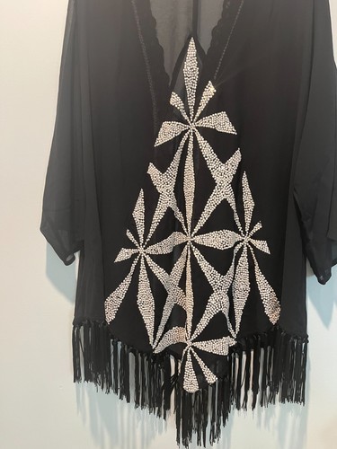 Taking Shape Black mesh cover up, evening top, feature beading fringe ...