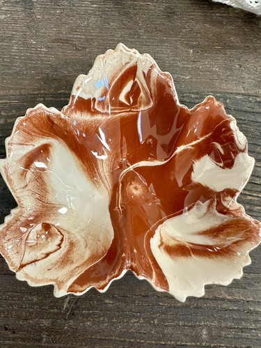 Alaska Native Clay Maple Leaf Dish Glazed Brown Swirl Beautiful Signed ...