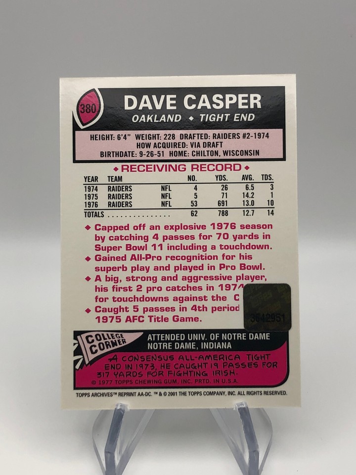2001 Topps Archives Dave Casper Auto #380 Certified Raiders HOF TE | eBay