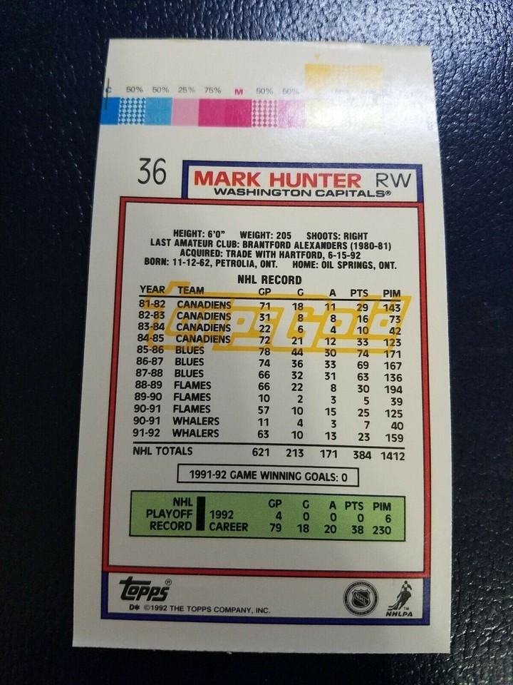 Mark Hunter Washington Capitals #36 1992 - 1993 NHL Hockey Topps Gold ...