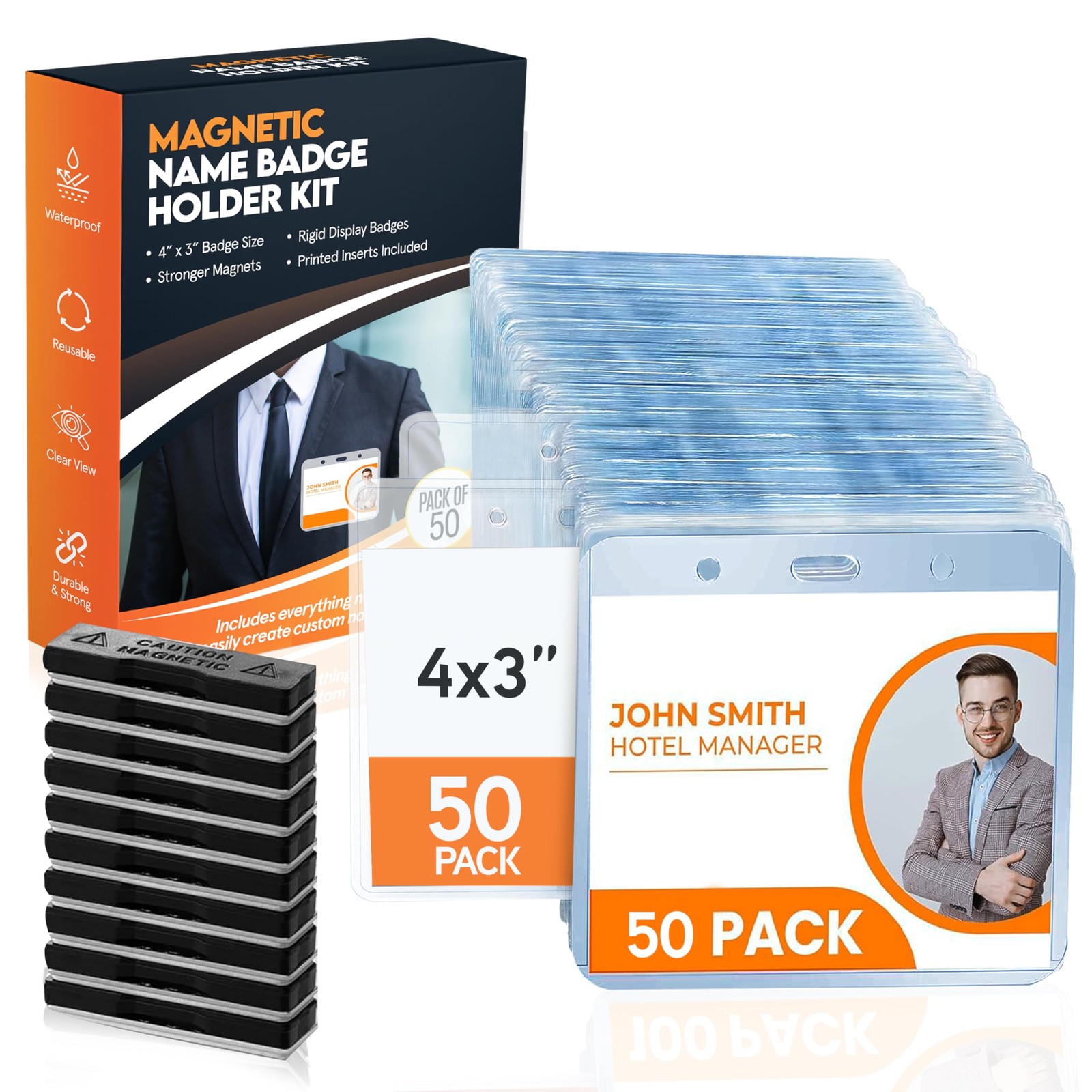 50 Pack of 4x3 Magnetic Name Badge Holders (White Printable Inserts ...