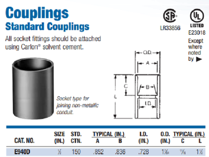 60 ea THOMAS & BETTS E940D CARLON 1/2" PVC CONDUIT COUPLINGS, FREE ...