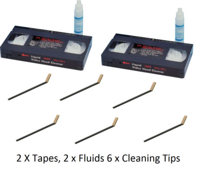 2 x VHS VCR Video Head Cleaner Tapes, 2 x Cleaning Fluid, 6 x Cleaning ...