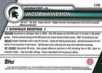 Jacoby Windmon 2023 Bowman Chrome Football - 1st #175 - Michigan State ...