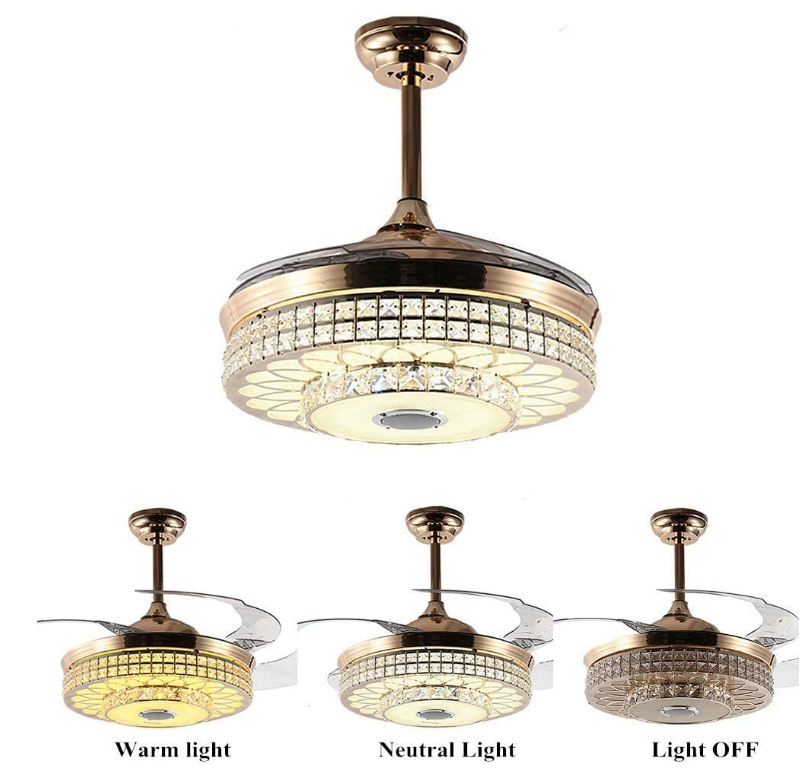 42"Bluetooth LED Invisible Ceiling Fan Music Player Crystal Chandelier ...