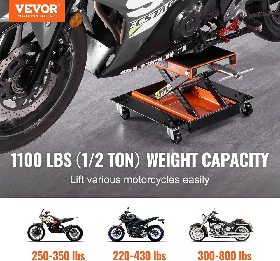 VEVOR 1100LBS Motorcycle Scissor Lift Jack w/ Dolly Hand Crank ATV ...