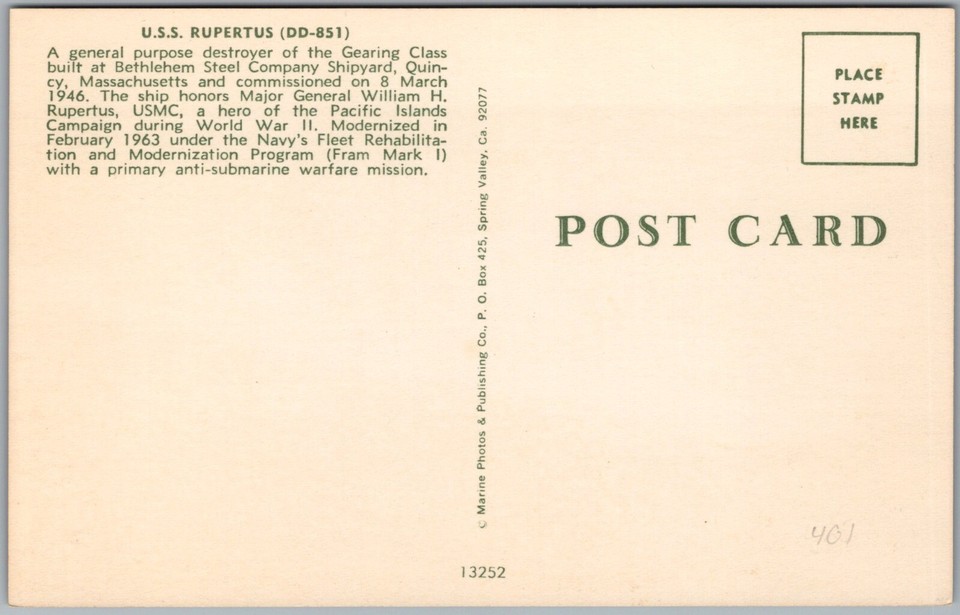 USS Rupertus DD-851 Navy Ship Postcard W241 | eBay
