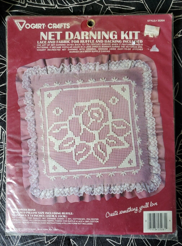 Victorian Rose Lace Net Darning 14in Ruffle Pillow Kit Sealed Vogart ...