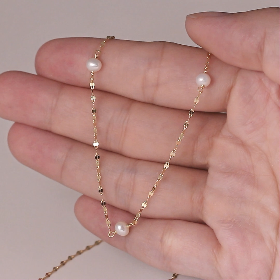 Freshwater Pearl Station Lip Chain Necklace Solid Sterling Silver 14K ...