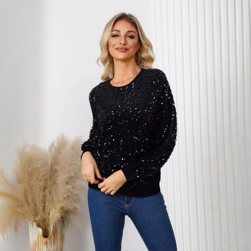 Sweat Femme Doux Col Rond Court Noir Strass 28991 | eBay