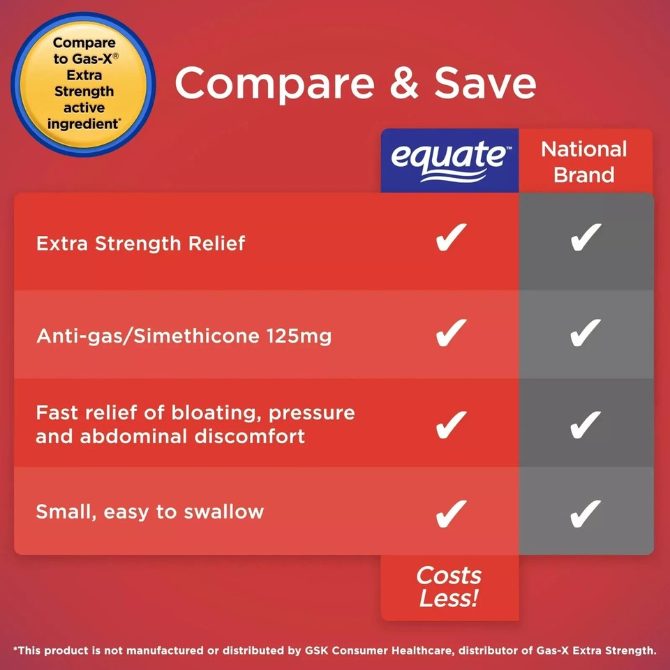 Gas X Comparison Equate Extra Strength Gas Relief Simethicone 125mg 72 ...