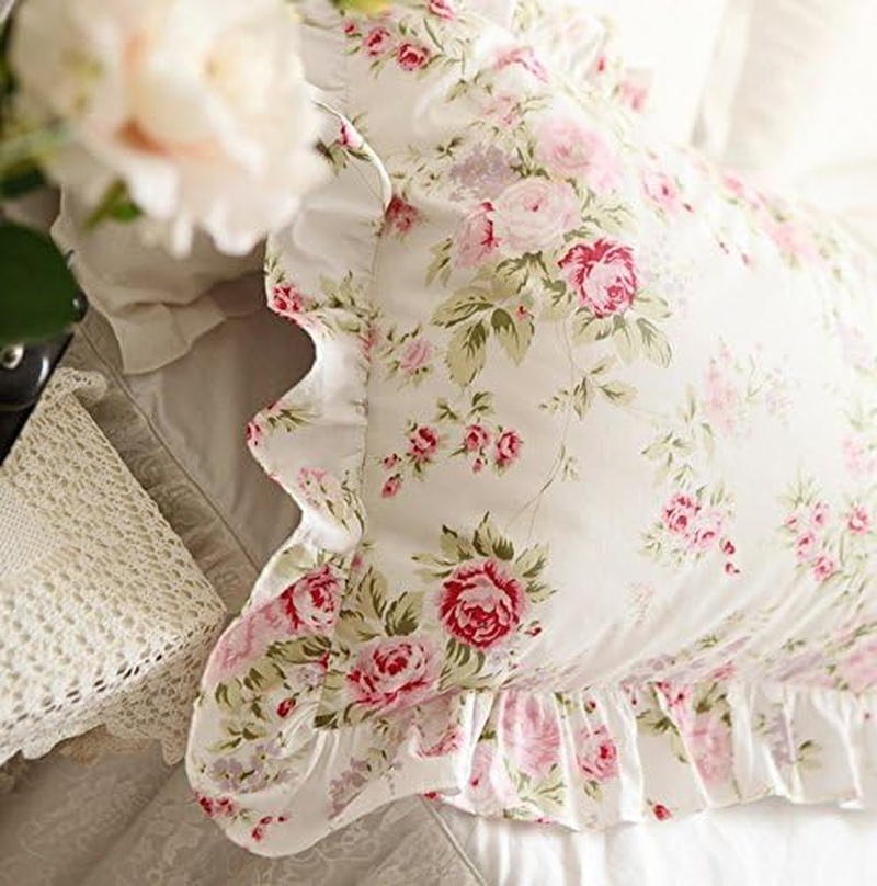 Shabby Pink Rose Pillowcases with Lace Ruffles - Vintage Floral Bedding ...