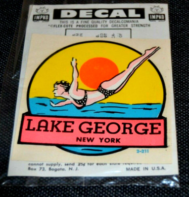 LAKE GEORGE New York IMPKO DECAL Travel Souvenir SWIM DIVING Vtg Unused ...
