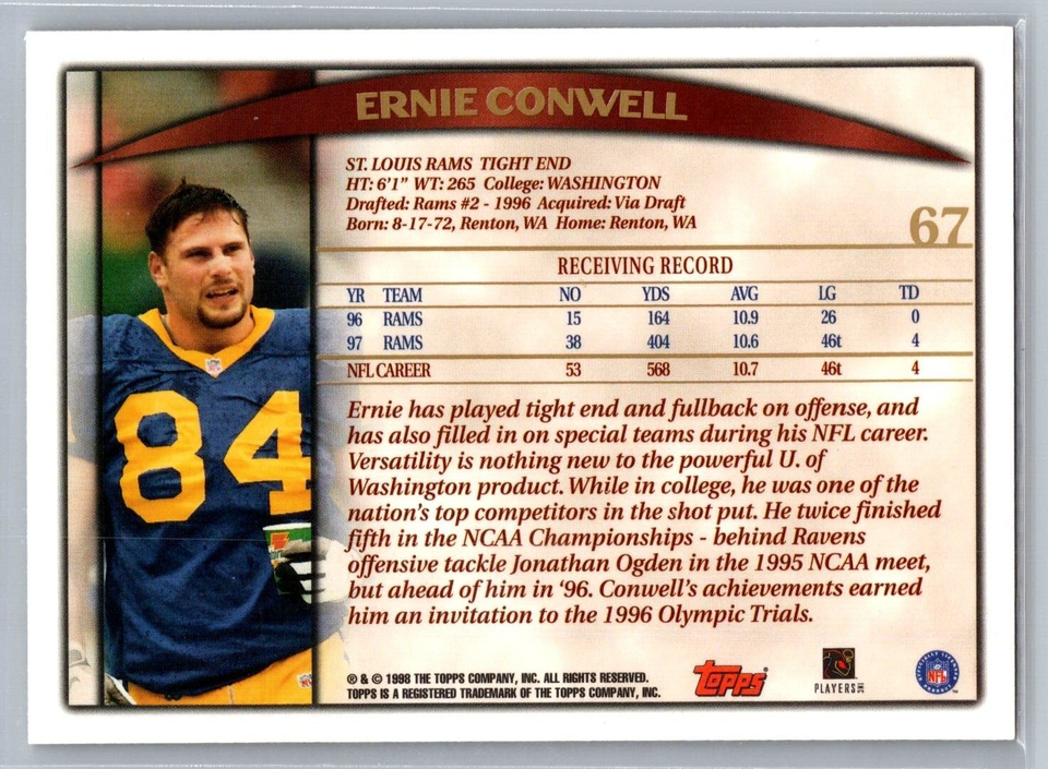 1998 TOPPS CARD # 67 Ernie Conwell - St. Louis Rams | eBay