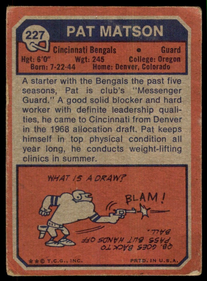 1973 Topps Pat Matson #227 Cincinnati Bengals m9yl90 FREE SHIPPING | eBay